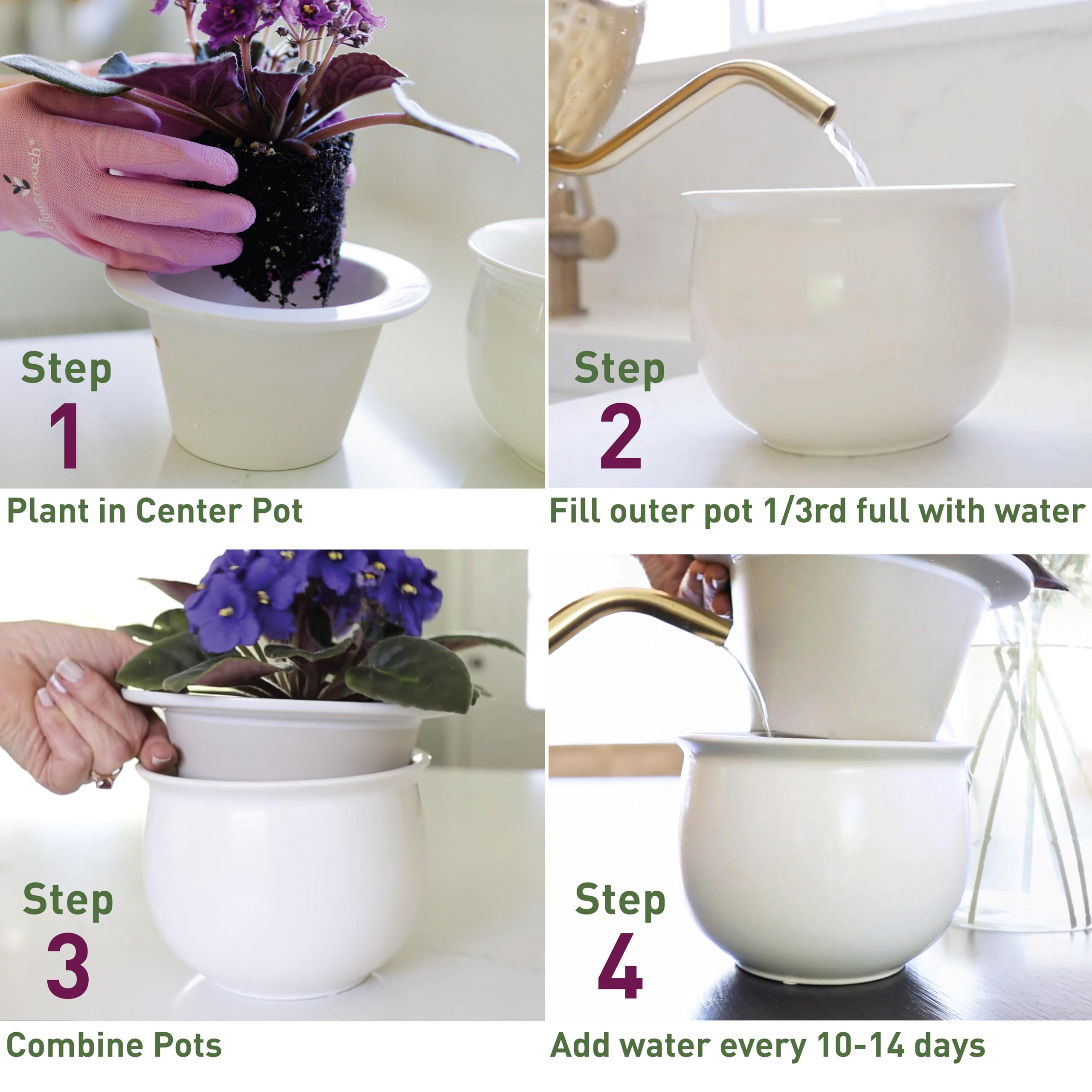 African Violet Pots Ceramic 6.5”W x 4.6”H Self Watering Planter for Indoor Flowers and Plants – White Glazed Outer Plant Pot with Highly Absorbent Inner Planter Pot for Tropical Plants