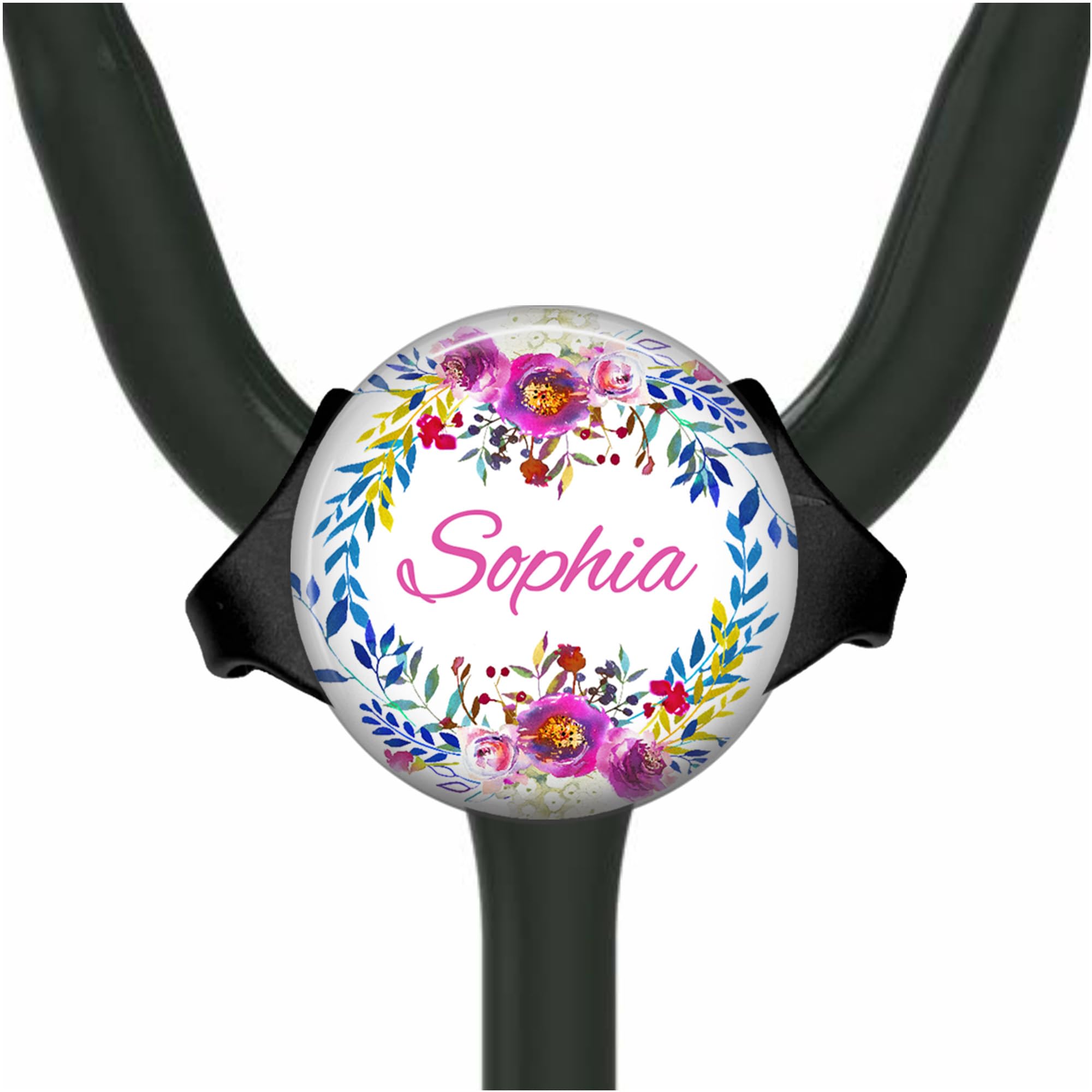 Personalized Stethoscope Name Tag - Pink Floral Adjustable Yoke ID - You Choose Custom Fonts, Design Size and Decorative Frame
