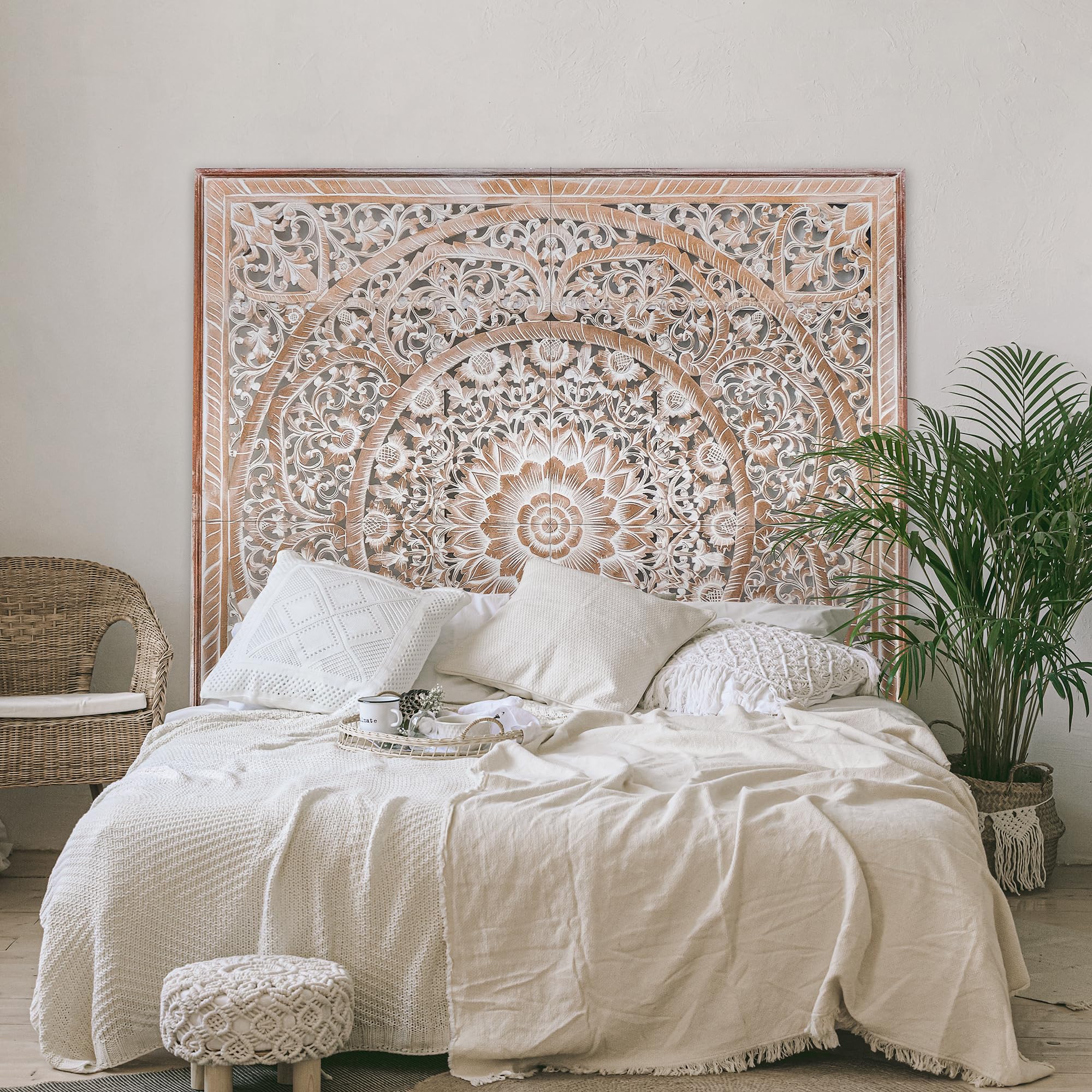 King Wood Headboard Rustic | Carved Full Headboard Only | Wooden Headboard Full Size Bed | Wall Mount Headboard King | Full Bed Headboard Panels (Manusa Antic, Cal King)