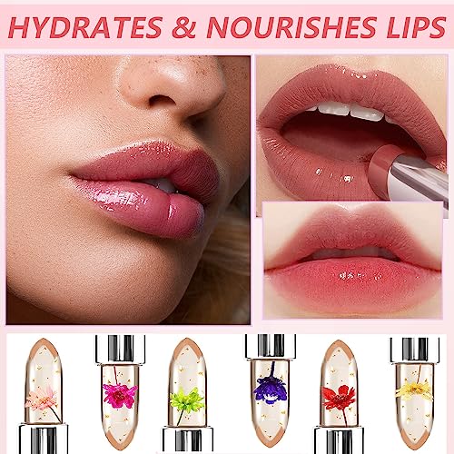 2PCS Crystal Flower Jelly Lipstick, Magic PH Temperature Color Changing Lip Gloss, Long Lasting Nutritious Moisturizing Lip Balm, Clear Color Changing Lipstick with Flower Inside
