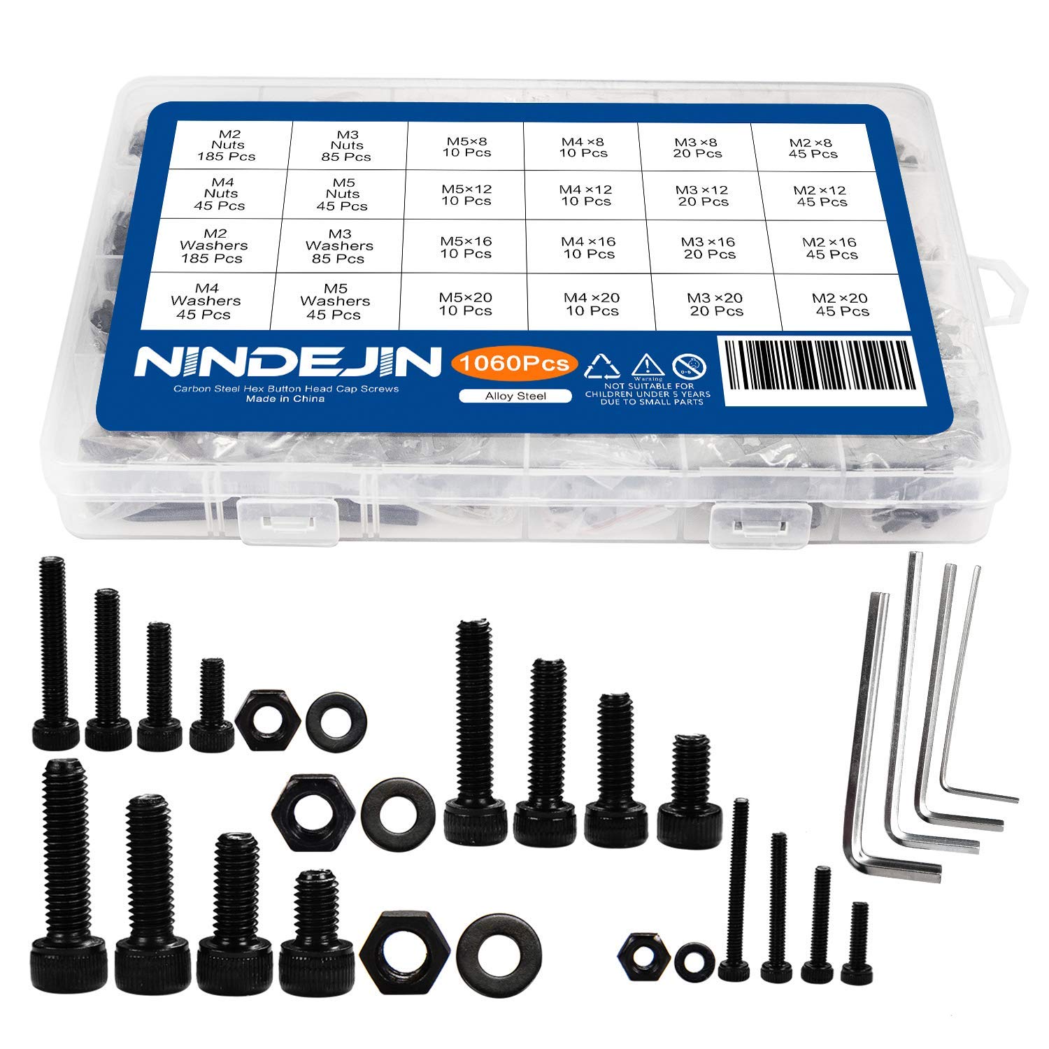 NINDEJIN M2 M3 M4 M5 Hex Socket Head Cap Screw Bolts Nuts and Washer Assortment Kit, 1060 PCS Black Machine Screws Set, 12.9 Carbon Steel Metric Small Parts with 4 Pieces Allen Wrenches