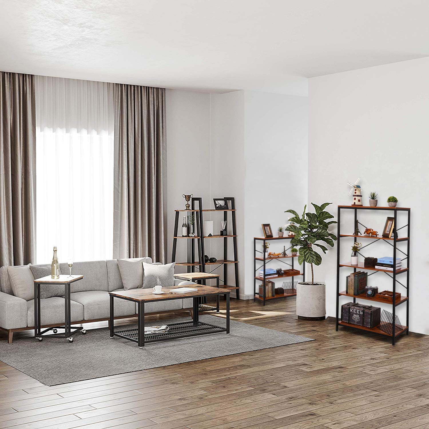 4 Shelf Bookcase, Bookshelf Industrial Style Metal and Wood Bookshelves, Open Wide Home Office Book Shelf
