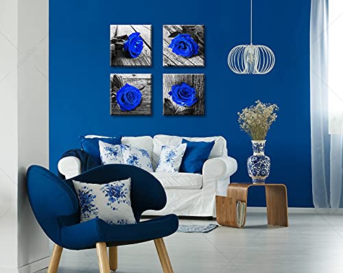 Canvas Wall Art Room Decorations Large Modern Black White Blue Rose Floral Pictures on Grey Valentine'S Day Framed Flower Paintings Decor Multi Panel Turquoise Artwork Living Women Bedroom