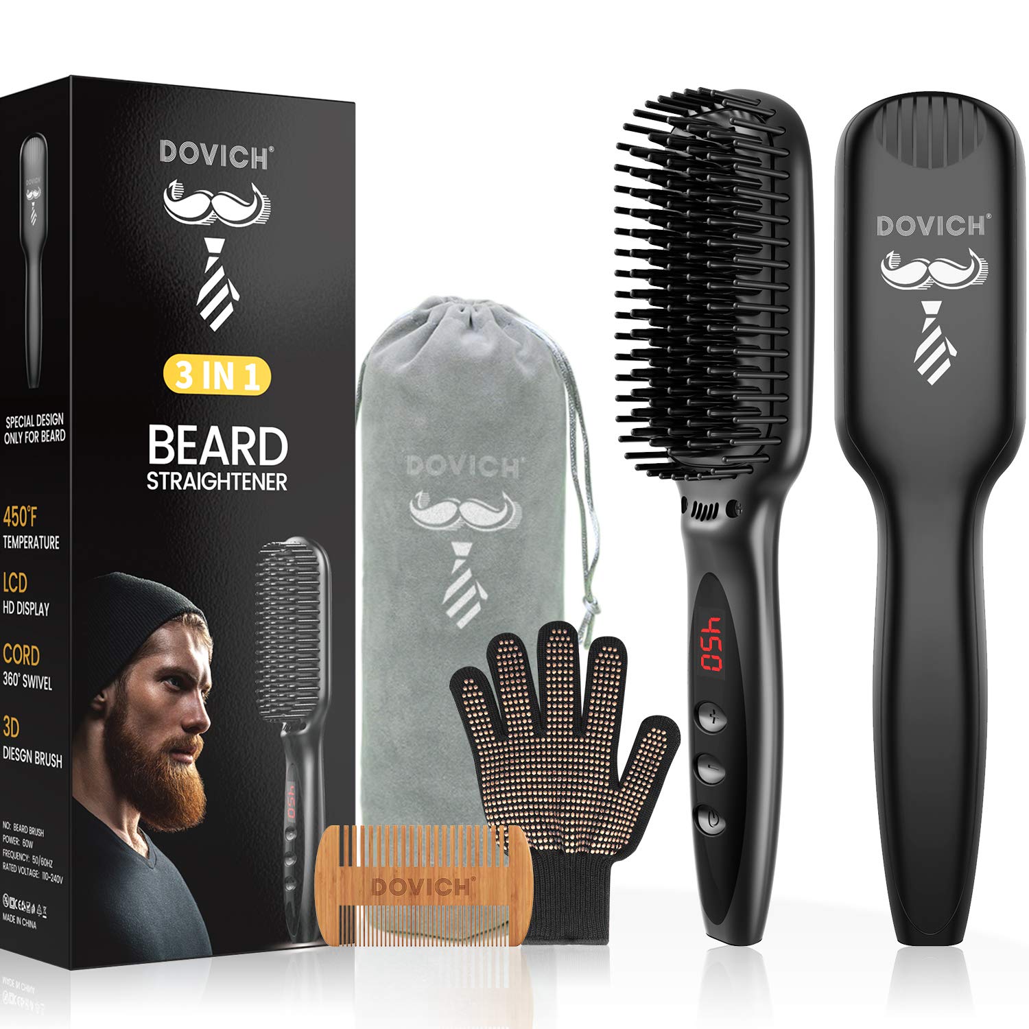 3 in 1 Beard Straightener for Men, Dovich Ceramic Heating with Anti-Scald Straightening Comb, Adjustable Temperatures with Led Display Ioinc Straightening Brush, Portable Detangling & Styling.