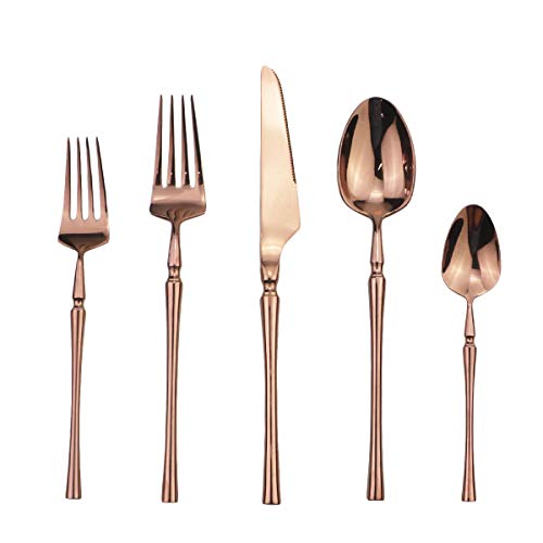 Gugrida Copper Silverware Set, 5-Piece 18/10 Stainless Steel Flatware Cutlery Set for 1,Mirror Finish, Ideal for Wedding Festival Party Home Kitchen, Dishwasher Safe