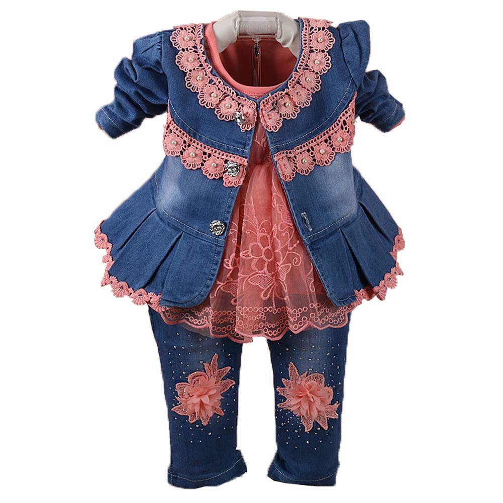 Yao 6M-4Y Infant 3Pcs Baby Girls Clothes Set Toddler Outfits Lace Dress Jacket and Jeans (6-12M,Flower-Orange)