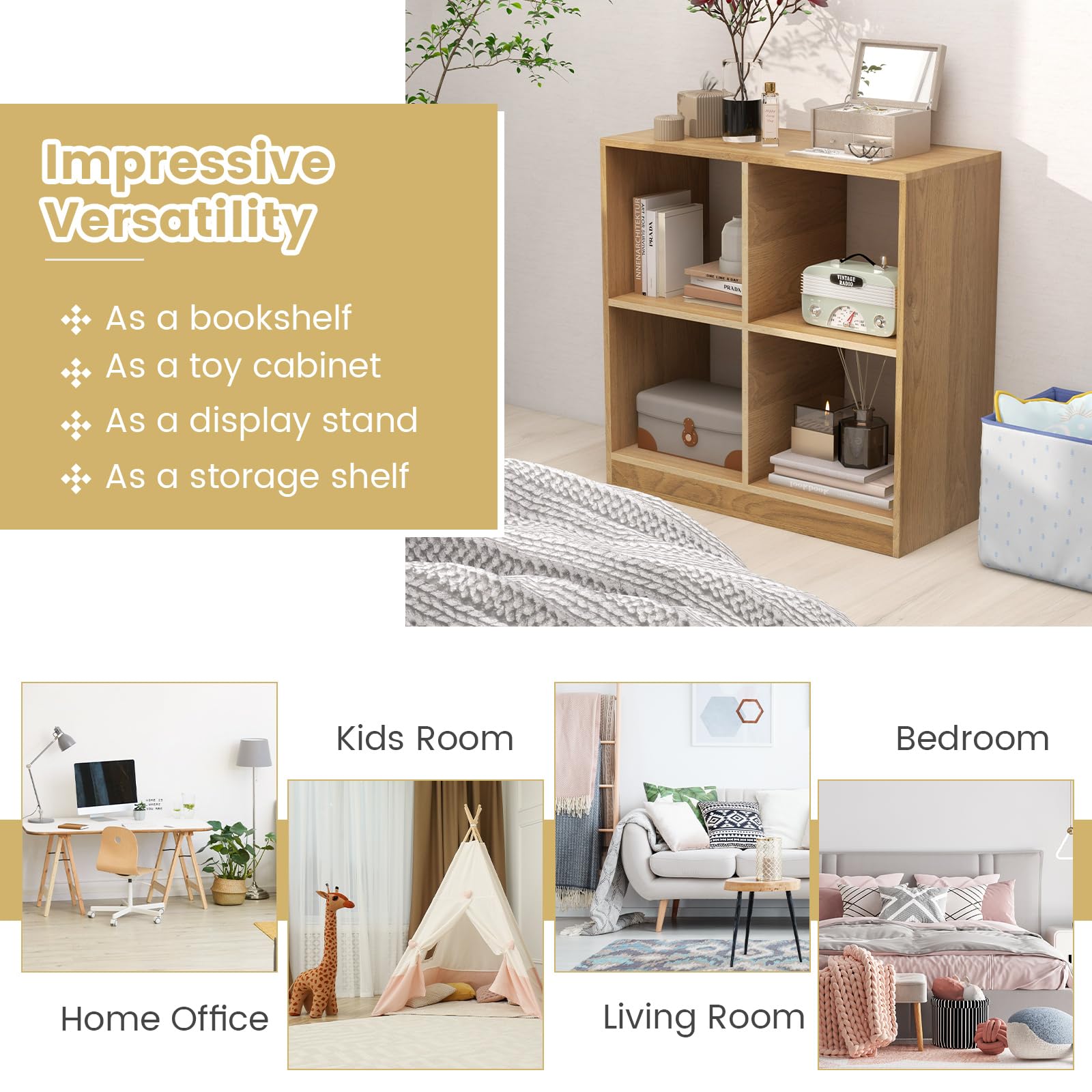Tangkula 4-Cube Bookcase, Freestanding Open Bookshelf, 2 Anti-Tipping Kits, Home Office Modern Cube Storage Wooden Display Shelf for Living Room Kids Room, Easy Assembly (Natural, 29 x 13 x 29 Inch)