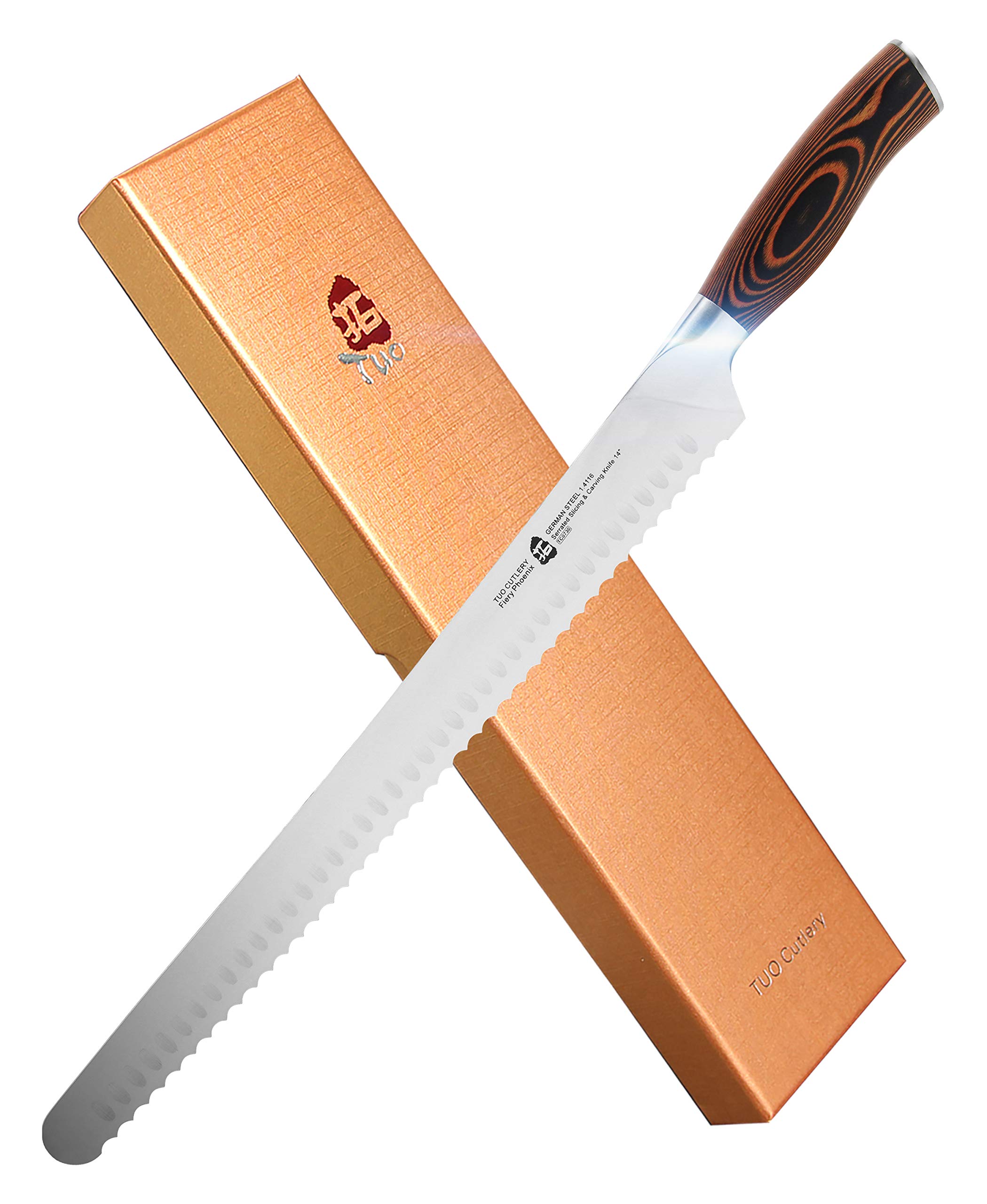 TUO Serrated Slicing Knife 14 inch - Razor Sharp Carving Knives Professional Meat Carver Long Cake Slicer - Premium German HC Steel & Full Tang Pakkawood Handle - Gift Box Included - Fiery Series