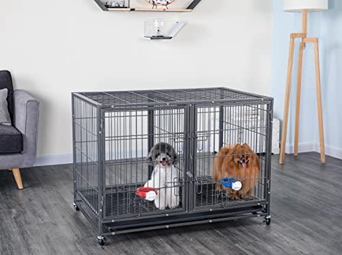 Go Pet Club 44" Heavy Duty Stackable Cat Dog Pet Metal Crate Kennels Outdoor and Indoor with Divider and Water Bowls, Large