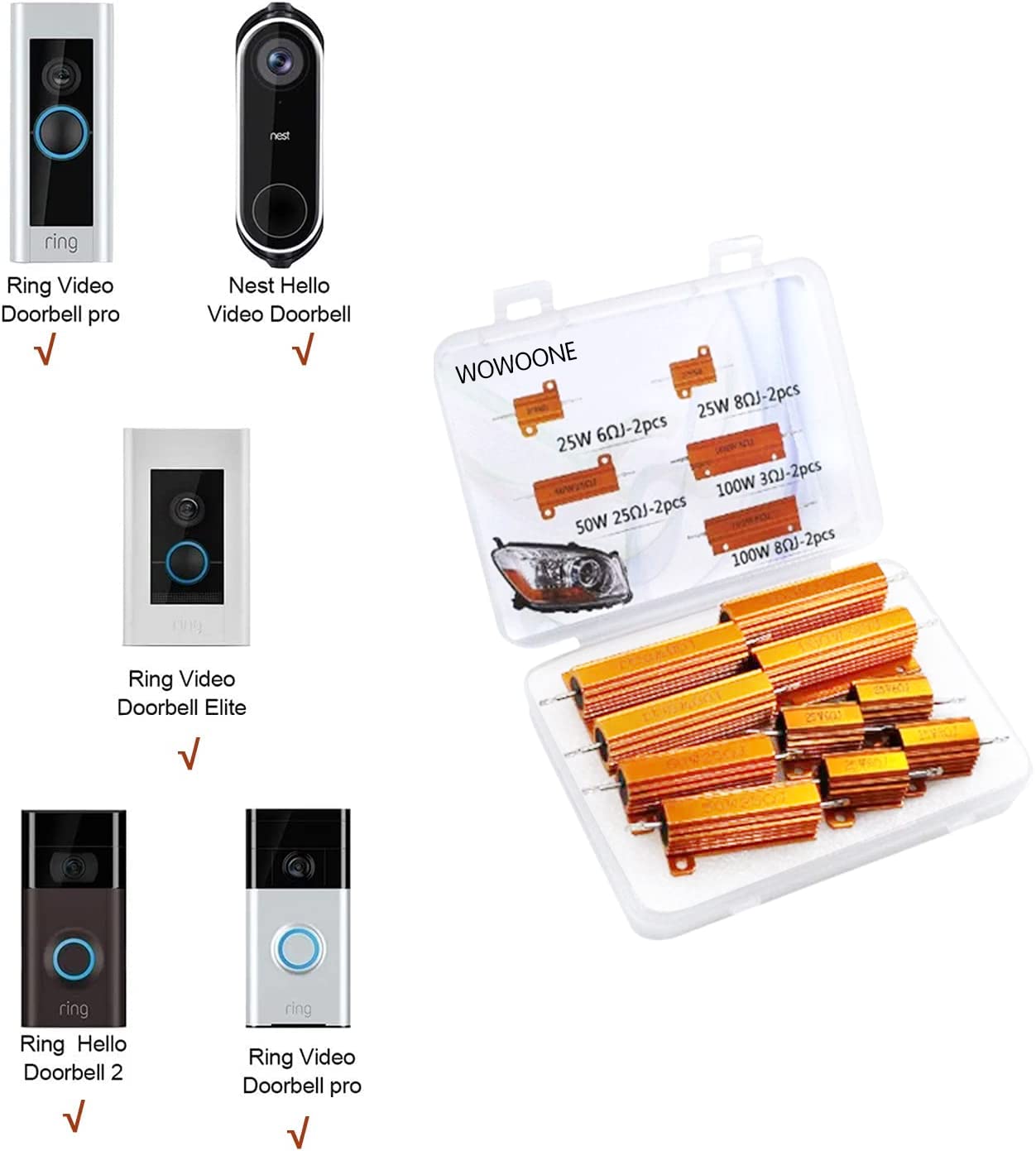 WOWOONE Set of 10 Power Resistor, Aluminum Shell Resistors, 25W 6 Ohm/8 Ohm, 50W 25 Ohm, 100W 8 Ohm/3 Ohm Watt Shell Power Aluminum Housed Case Wirewound Resistor for Nest Hello Doorbell