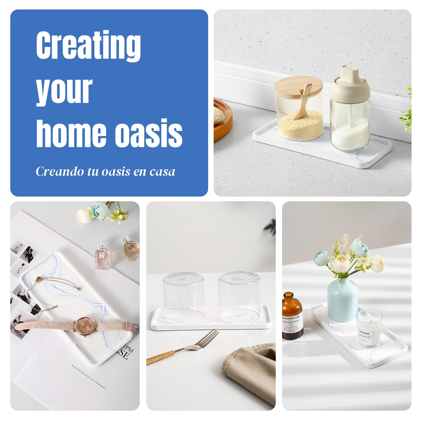 Plentio 9" Stone Rectangle Bathroom Tray for Counter - Unique Luxury Decor Gift-Diatomaceous Earth Tray for Bathroom, Kitchen - Countertop Organizer for Jewelry, Perfume, Candles