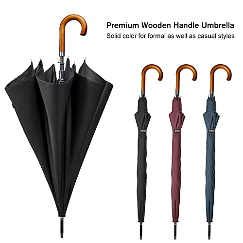 G4Free Wooden J Handle Umbrella 54 Inch Large Auto Open Classic Windproof Rain Stick Umbrellas for Men Women (Black)