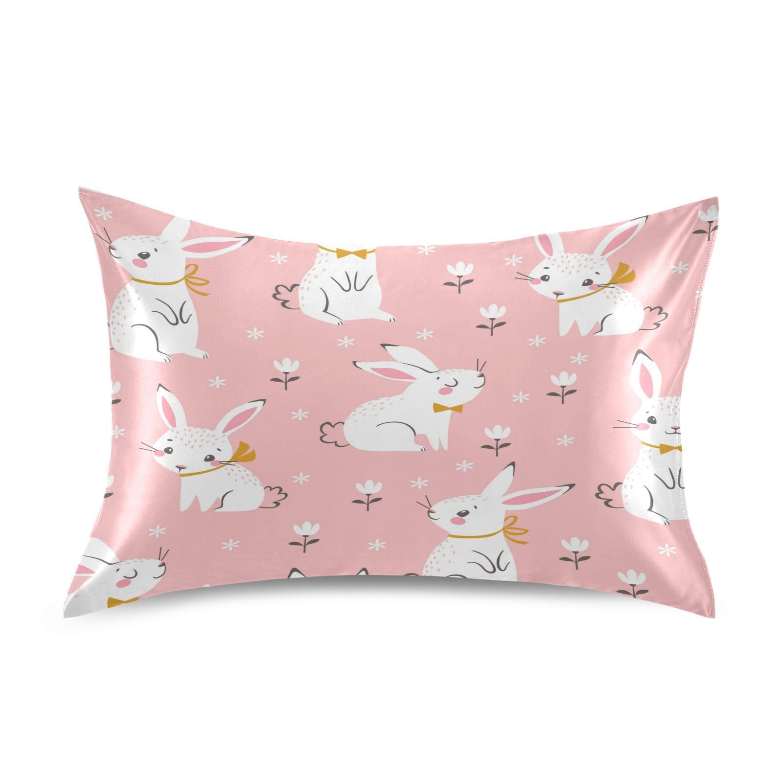 Cute Floral Bunny Satin Pillowcase Silk Pillow Cases for Hair and Skin Slipping Body Pillow Cover with Envelope Closur Standard Size 20x26 Pillowcase Decor for Kids Girls Boys Women
