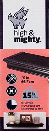HIGH & MIGHTY 515605 Decorative 18" Floating Shelf Holds up to 15lbs, Easy Tool-Free Dry Wall Installation, Beveled, Retail Packaging, Black