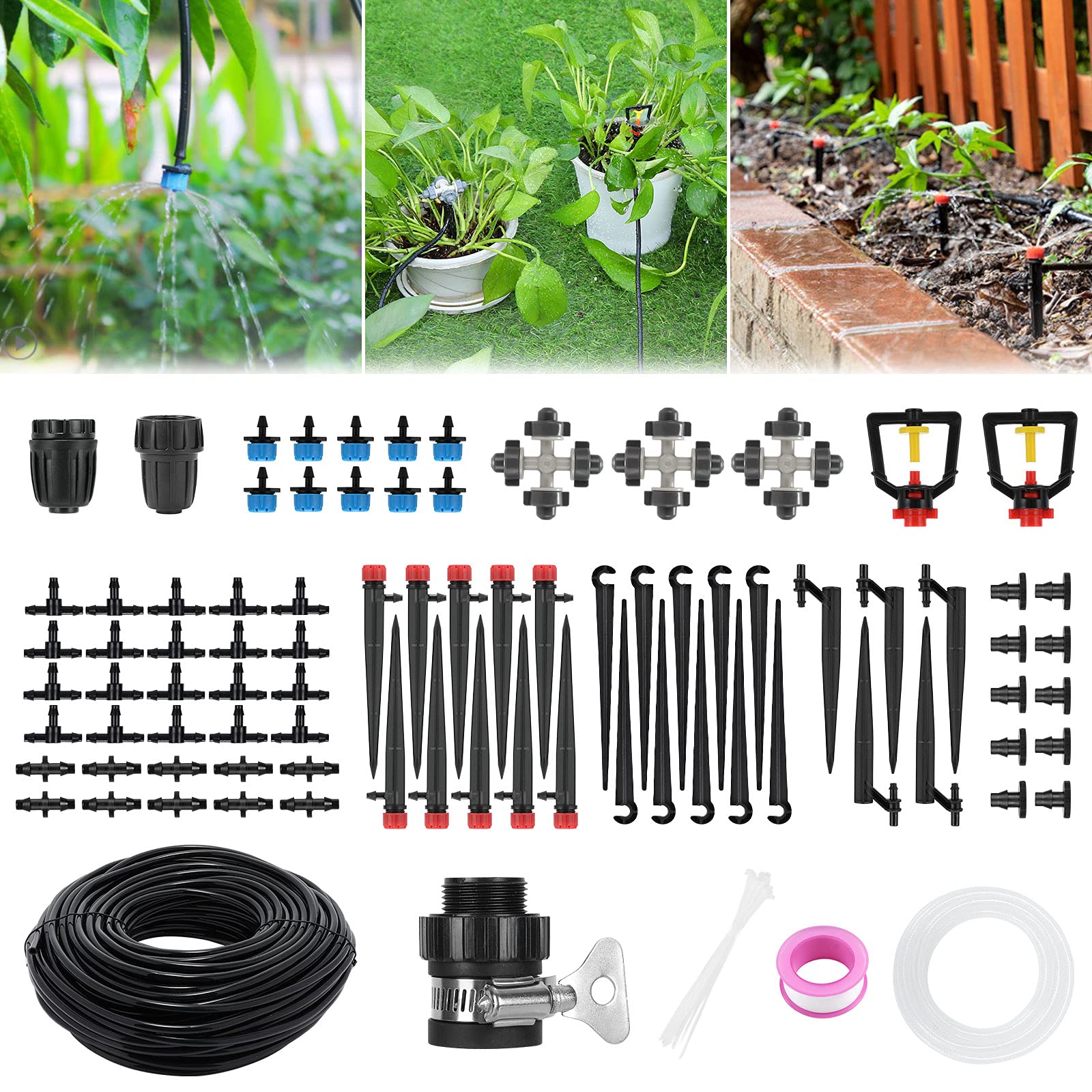 Drip Irrigation Kits, Fixget 43/141ft Garden Irrigation System with Adjustable Automatic Irrigation Set, DIY Plant Watering System for Saving Water Mist Cooling of Garden Greenhouse Patio Lawn