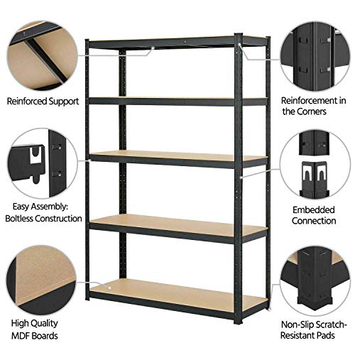 Garage Shelving Unit 5 Tier Adjustable Boltless Metal Racking Extra Heavy Duty Industrial Garage Storage Shelves, for Home Workshop Shed Office Warehouse, 79" H x 39" W x 20" D, Black