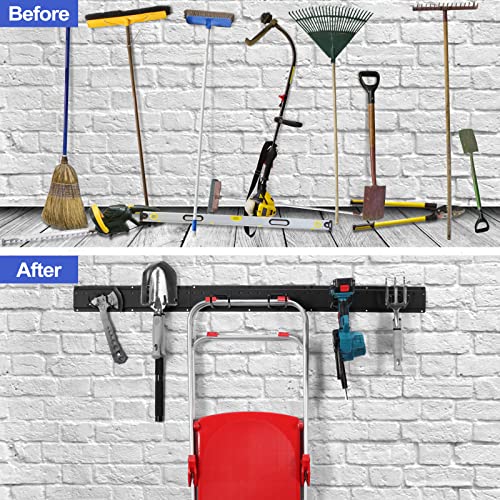 Garage Tool Storage Rack, Heavy Duty Wall Mounted Tools Organizer, Steel Garden Tool Storage System, Shovel Holder Organization Hanger with 6 Double-Hooks, 49.5inch Tracks Max Load 300lbs