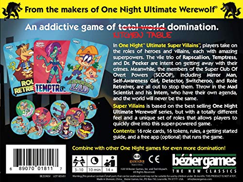 Bezier Games One Night Ultimate Super Villains, Family Friendly Party Game, Fun Game for Kids & Adults, Engaging Social Deduction, Fast-Paced Gameplay, Hidden Roles & Bluffing