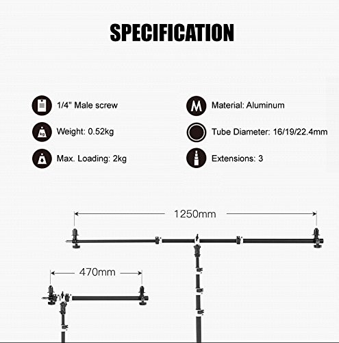Fotoconic Multi Functional Reflector Holder, Boom Arm, Background Crossbar (21"-49" / 53-125cm) with Solid Locking Metal Swivel Head Grip