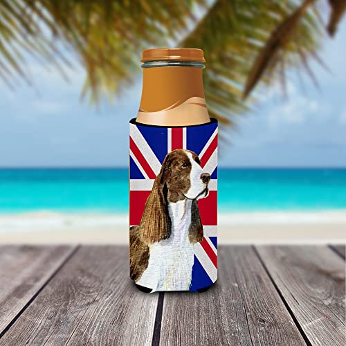Caroline's Treasures SS4955MUK Springer Spaniel with English Union Jack British Flag Ultra Hugger for slim cans Can Cooler Sleeve Hugger Machine Washable Drink Sleeve Hugger Collapsible Insulator Beve
