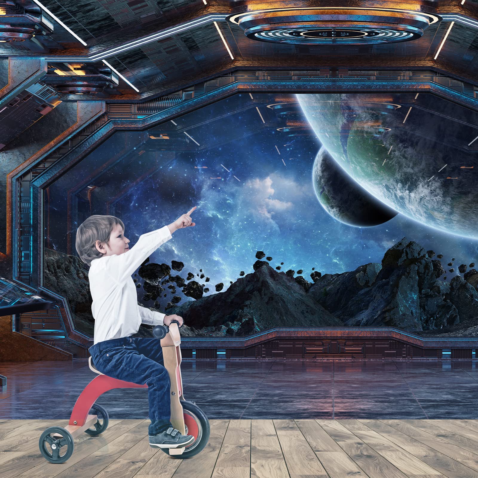 79x40 Inch Large Spaceship Wall Decal Outer Space Views from The Spaceship Removable Self-Adhesive Large Spaceship Wallpaper for Kids Bedroom Living Room Decor