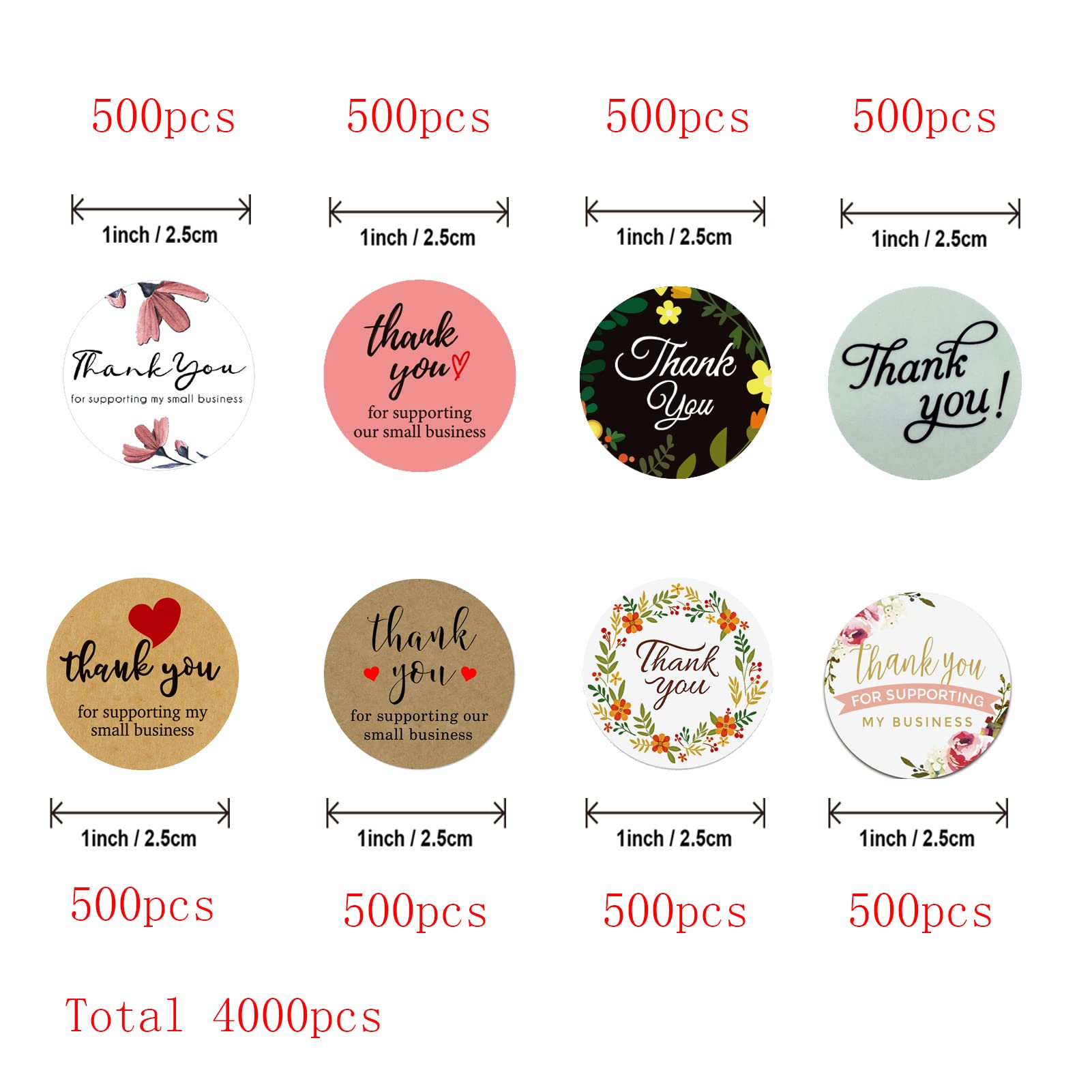 4000Pcs 1 inch Thank You Stickers Small Business, Thank You Stickers for Packaging with 8 Design Thank You Stickers Lables for Envelope Seals, Gift Wrap Bag and Crafts(8 Rolls, Each roll 500Pcs)