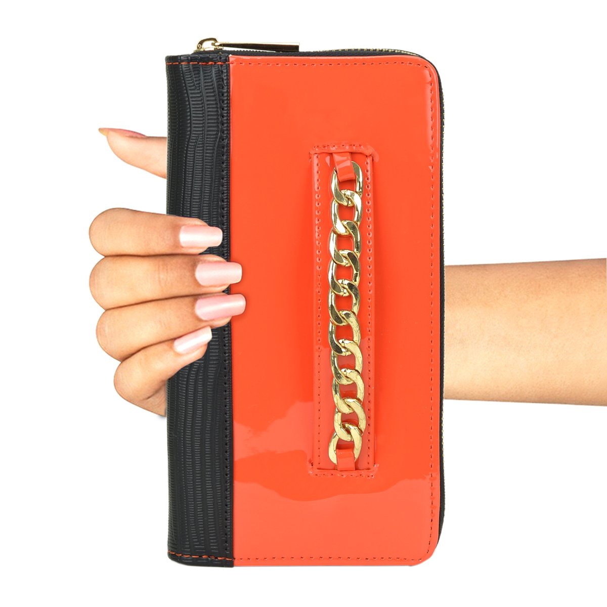 Dasein Gold Tone Chain Vegan Leather Zip Around Wallet Credit Card Purse - 12 Card Slots (8005 Orange)