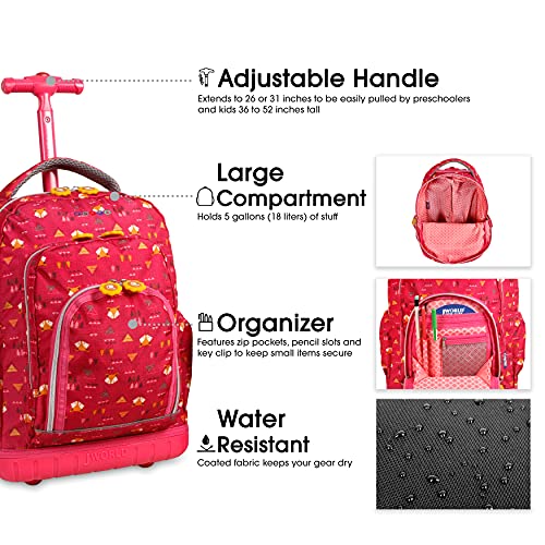 J World Lollipop Kids Rolling Backpack & Lunch Bag Set for Elementary School. Carry-On Suitcase with Wheels, Fox