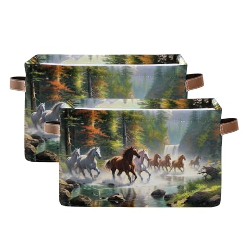 STAYTOP Large Storage Basket Collapsible Toy Storage Bins Waterproof Laundry Basket with Handle.Used for Home Closets, Offices, Bedrooms, Kids Toy and Gift Baskets-Running Horses（Rectangular）2PCS