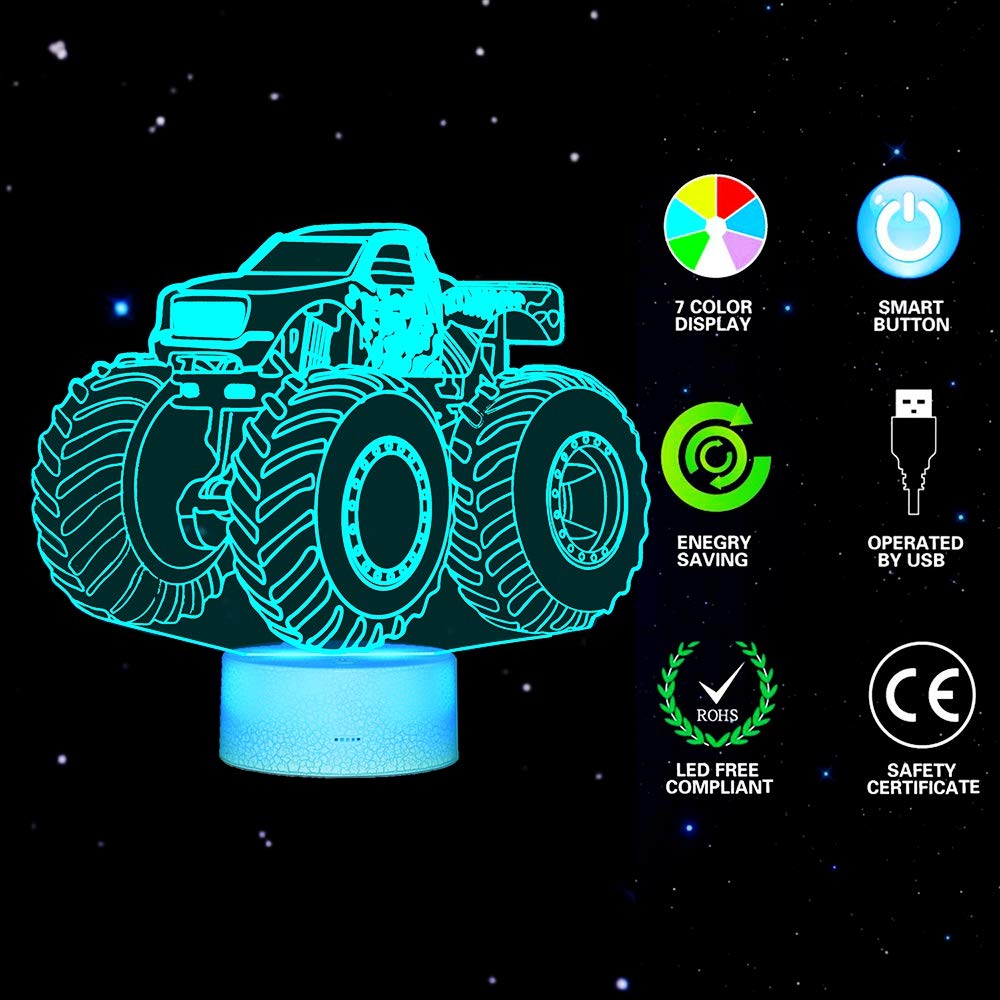 Night Lights for Kids Monster Truck 3D Night Light Bedside Lamp 7 Colors Changing with Remote Control and Timing Function Best Birthday Gifts for Boys Girls Kids Baby