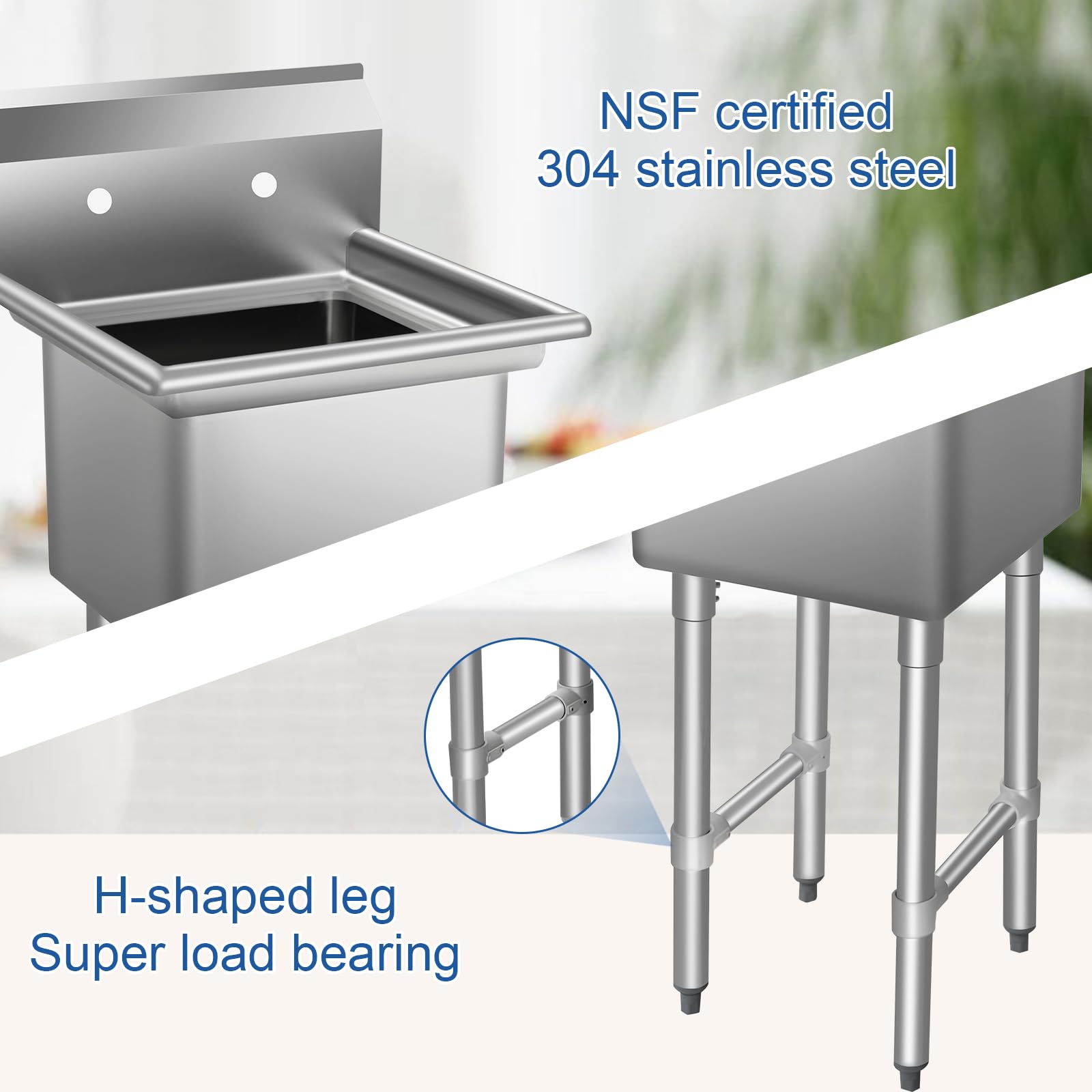 HARDURA Stainless Steel Commercial Compartment Sink With Freestanding Utility Kitchen Basin with 24" L X 24" W X 14" D Bowl For Restaurant, Kitchen & Garage