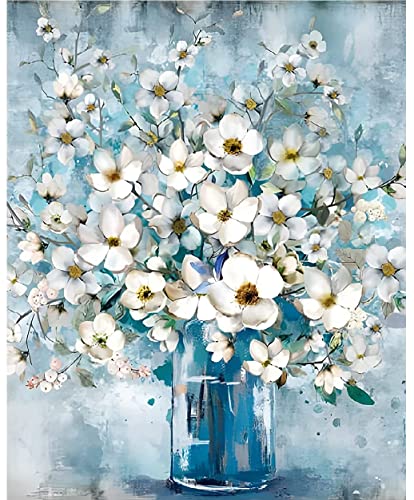 BOMUVI Paint by Numbers for Adults Beginner Paint by Numbers for Adults Flower DIY Paint by Number Kits Acrylic Painting White Flower Paint by Number Kits on Canvas Home Decor Gift for Adults 16x20 In