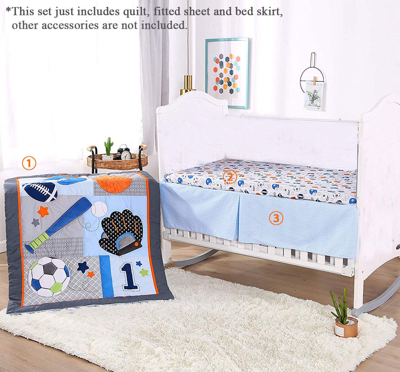 VIVILINEN Baby Crib Bedding Set for Boys 3 Pieces Blue Sports Baseball Originals Soft Toddler Nursery Bedding Sets