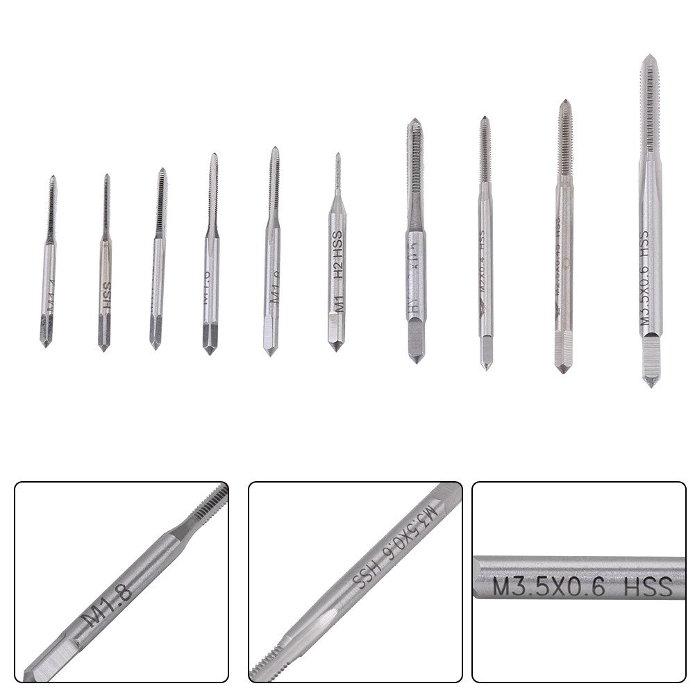 Mini Metric HSS Thread Tap Set, M1 M1.2 M1.4 M1.6 M1.7 M1.8 M2 M2.5 M3 M3.5 Drill Tap Bit, 10pcs Machine Hand Threading Tool for Wood, Plastic, Metal