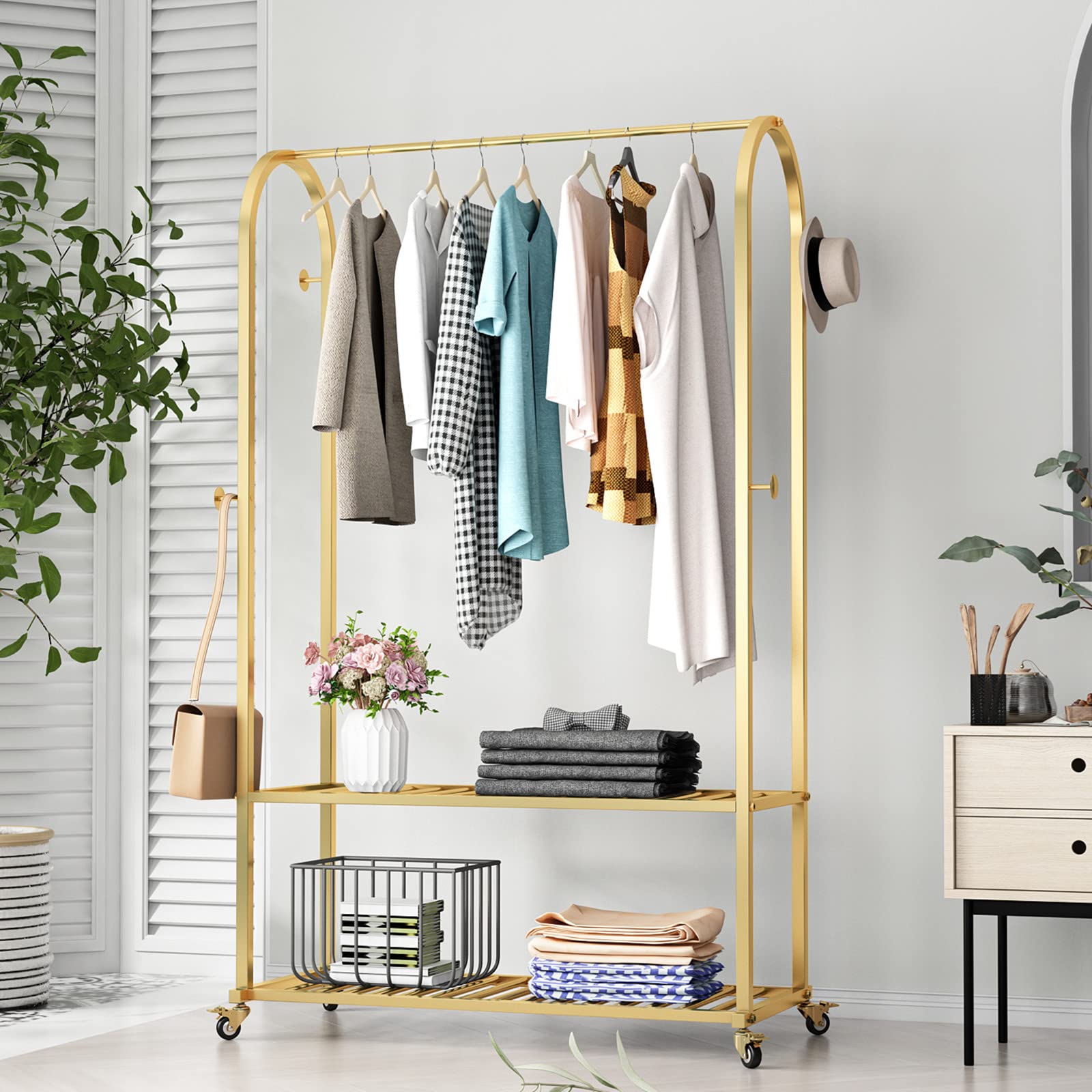 Gold Clothing Rack on Wheels Modern Display Rack with 2-tier Shelf Metal Hanging Rack Gold Clothes Rack for Boutique, Retail or Home (gold)