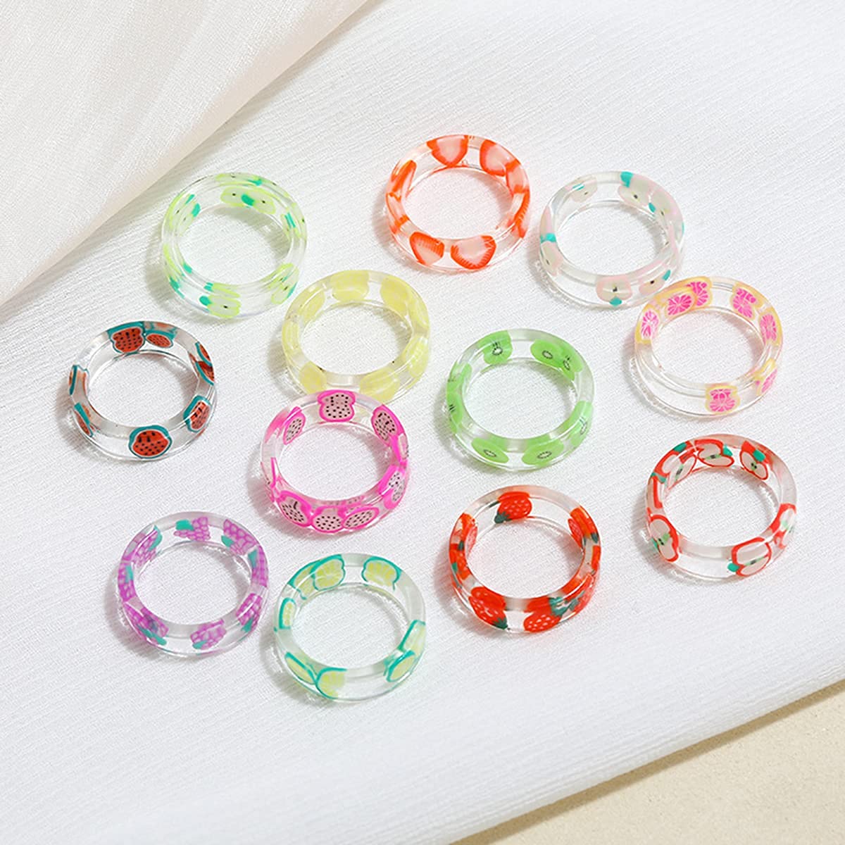 4-12 Pcs Resin Fruit Rings Set Colorful Transparent Plastic Fruit Rings Strawberry Kiwi Lemon Apple Grape Pitaya Grapefruit Orange Watermelon Cute Knuckle Stackable Fruit Rings for Women Teen Girls,