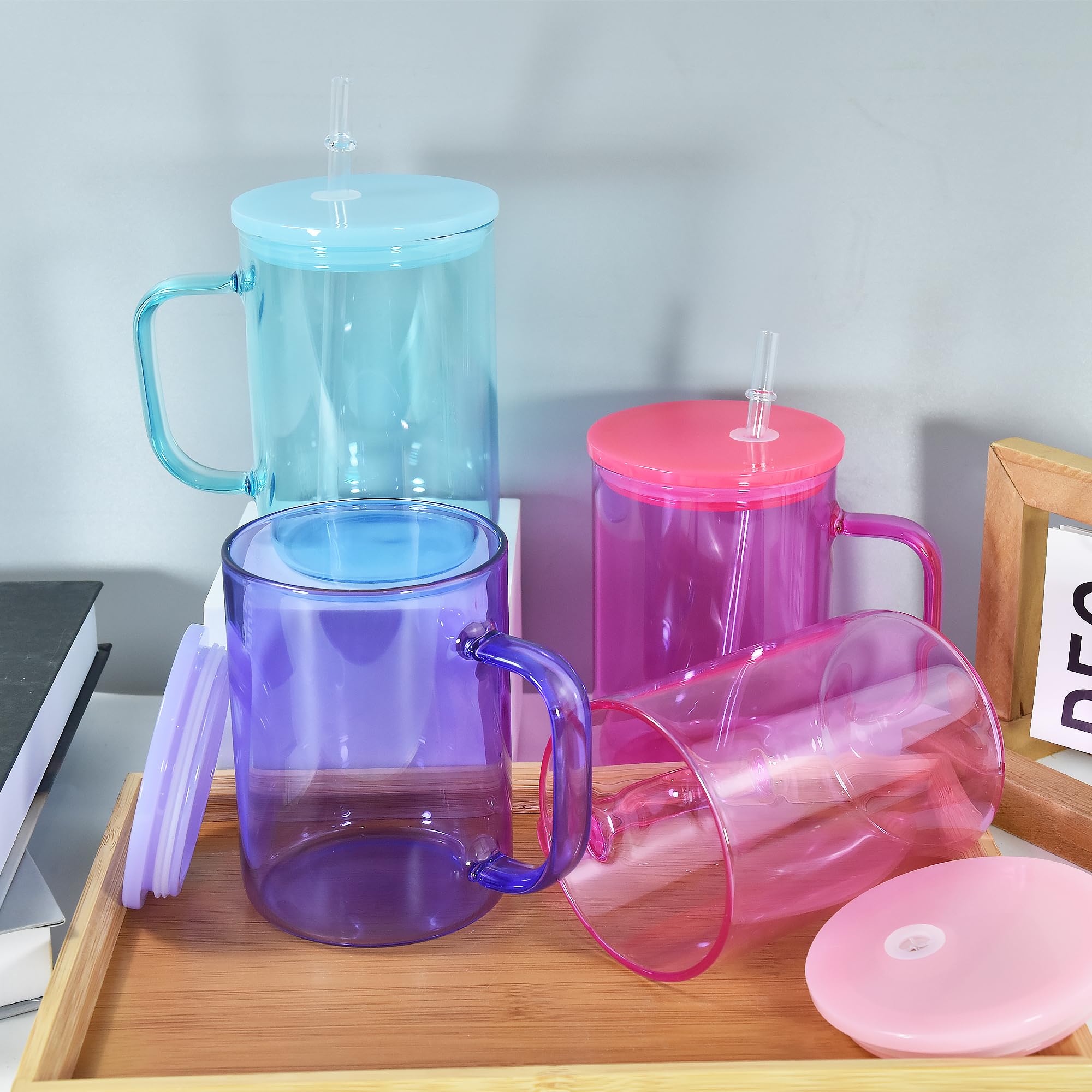 FECBK 15 oz Sublimation Glass Mugs Set, 8 Pack Colorful Tumblers with Handle, Lids & Straws, Reusable, for Beer, Juice, Iced Coffee