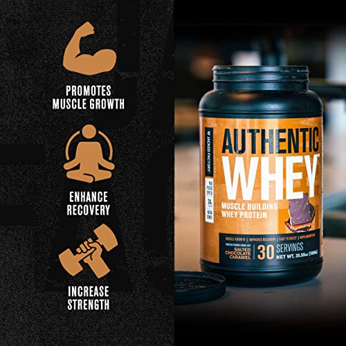 Jacked Factory Authentic Whey Muscle Building Whey Protein Powder - Low Carb, Non-GMO, No Fillers, Mixes Perfectly - Delicious Salted Chocolate Caramel Flavor - 2LB Tub