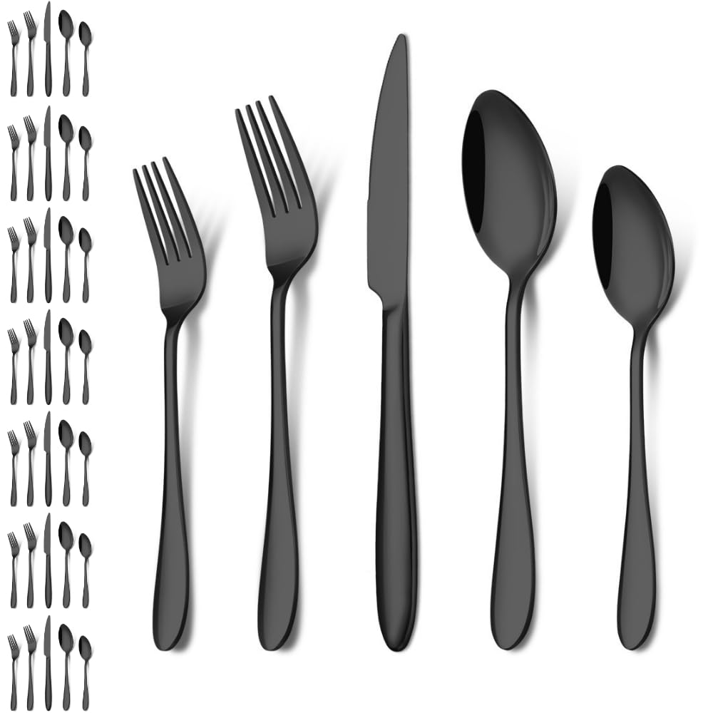 40-Pieces Black Silverware Set - Stainless Steel Flatware Cutlery Set - Mirror Polished Tableware Untensils with Dinner Knife/Forks/Spoons for 8