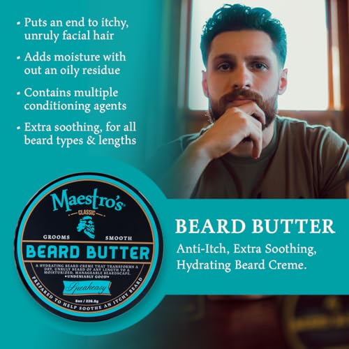 Maestro's Classic BEARD BUTTER | Anti-Itch, Extra Soothing, Hydrating Beard Creme For All Beard Types & Lengths- Speakeasy Blend, 4 Ounce