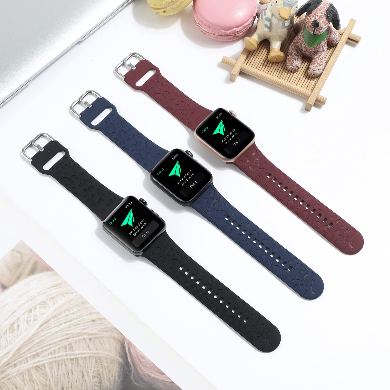 3 Pack Cheetah Engraved Strap Compatible with Apple Watch Bands 38mm 40mm 41mm,Fancy Leopard Laser Printed Soft Silicone Accessories for iWatch Series 1 2 3 4 5 6 SE 7 8 9 (Thin Black Green, 38/40/41mm)