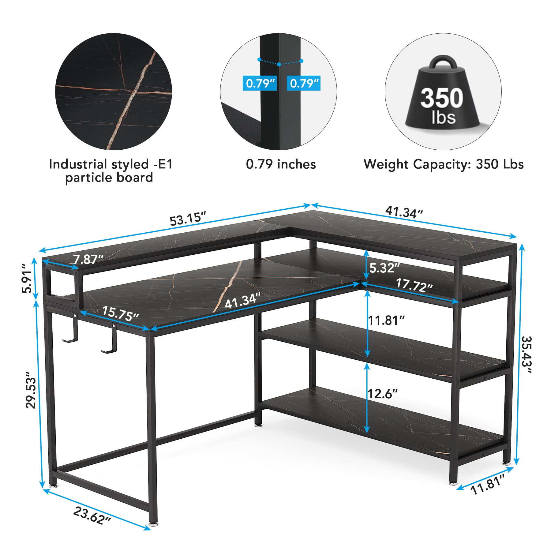 Tribesigns 53 Inch Reversible L Shaped Desk with Storage Shelf, Modern Black Marble Corner Desk with Shelves and Monitor Stand, Gaming Desk for Home Office (53" D x 41" W)