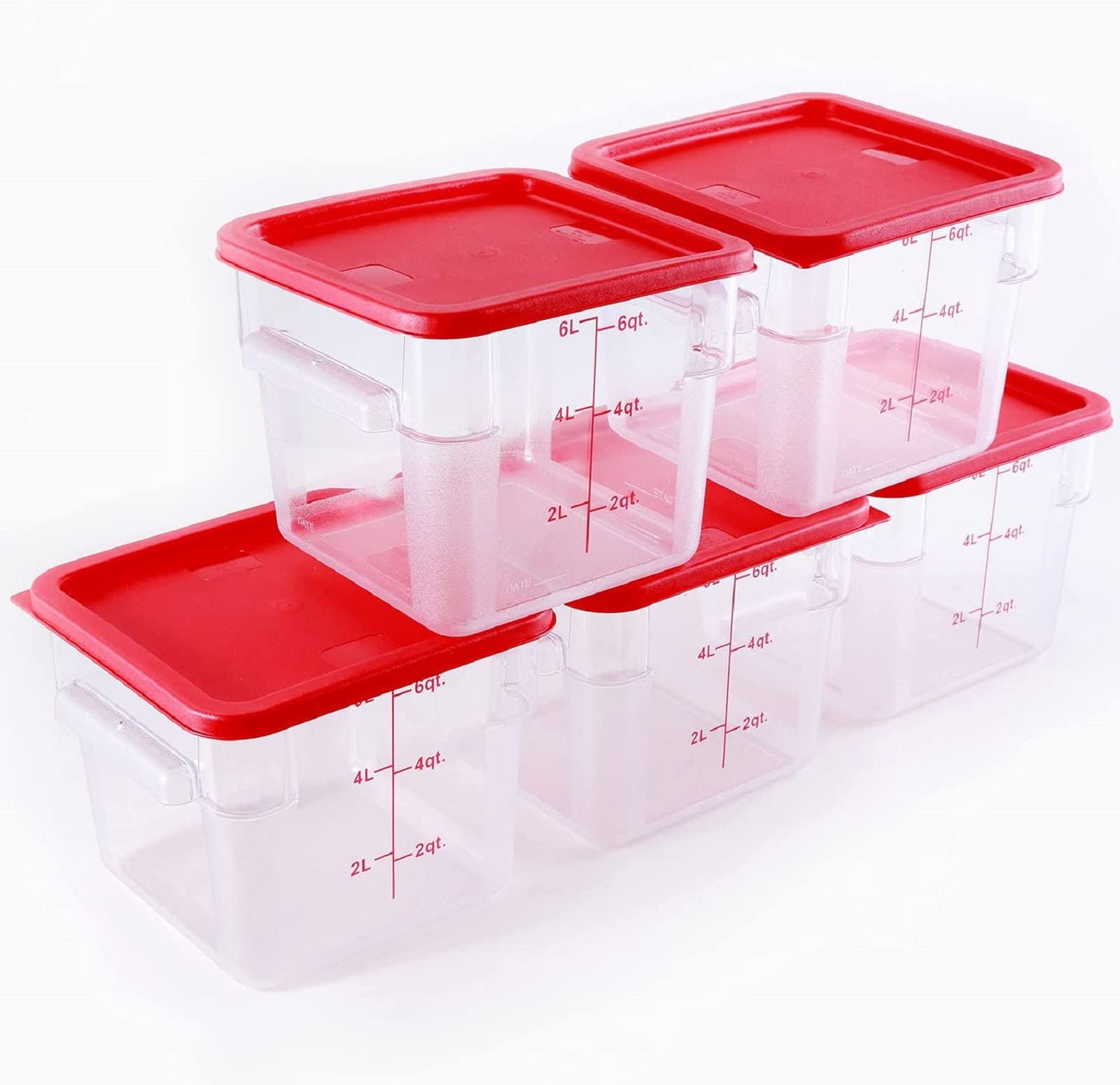 Hakka 6 Qt Commercial Grade Square Food Storage Containers With Lids,Polycarbonate,Clear - Case of 5