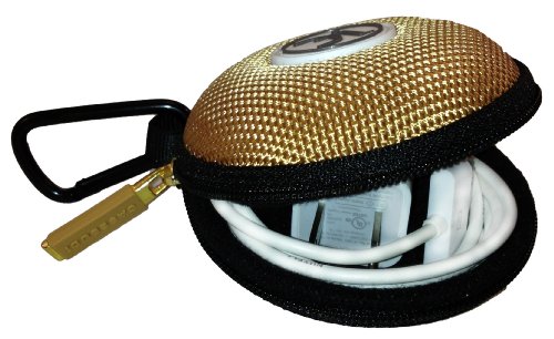 CASEBUDi Round Earbud and Phone Charger Storage Case with Carabiner | Limited Edition Gold Ballistic Nylon