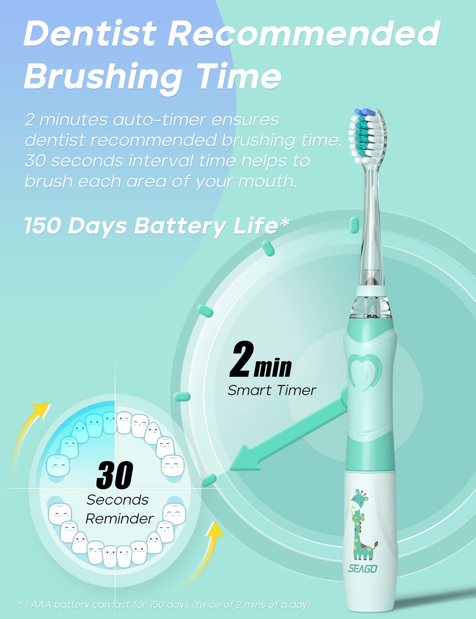 SEAGO Kids Electric Toothbrush with 2 Mins Brushing Timer and 4 Replacement Bursh Heads, Rainbow LED Light Make Brushing Fun, Green Color Boys Battery Powerd Toothbrush for 4-12 Years Old,SG-977