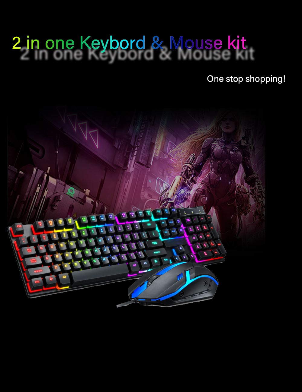 look see Backlight Keyboard with Optics Mouse Gaming Rainbow Multi-Color LED Backlit USB Interface Teclado Mechanical Feeling for PC, MAC,