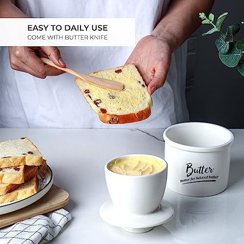 Butter Crock Butter Keeper with Knife and Perfect Silicone Seal French Butter Dish with Lid for Countertop, No More Hard Butter Good Kitchen Gift, White