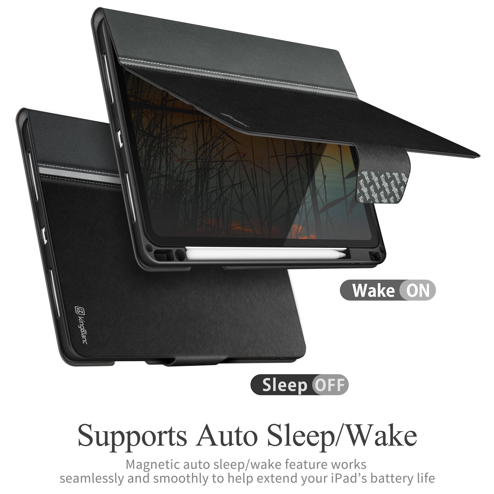 KingBlanc Case for iPad Pro 11 inch 4th/3rd/2nd/1st Generation (2022/2021/2020/2018) with Pencil Holder, PU Leather Protective Stand Folio, Auto Sleep/Wake, Multi-Angles for Viewing/Typing, Black