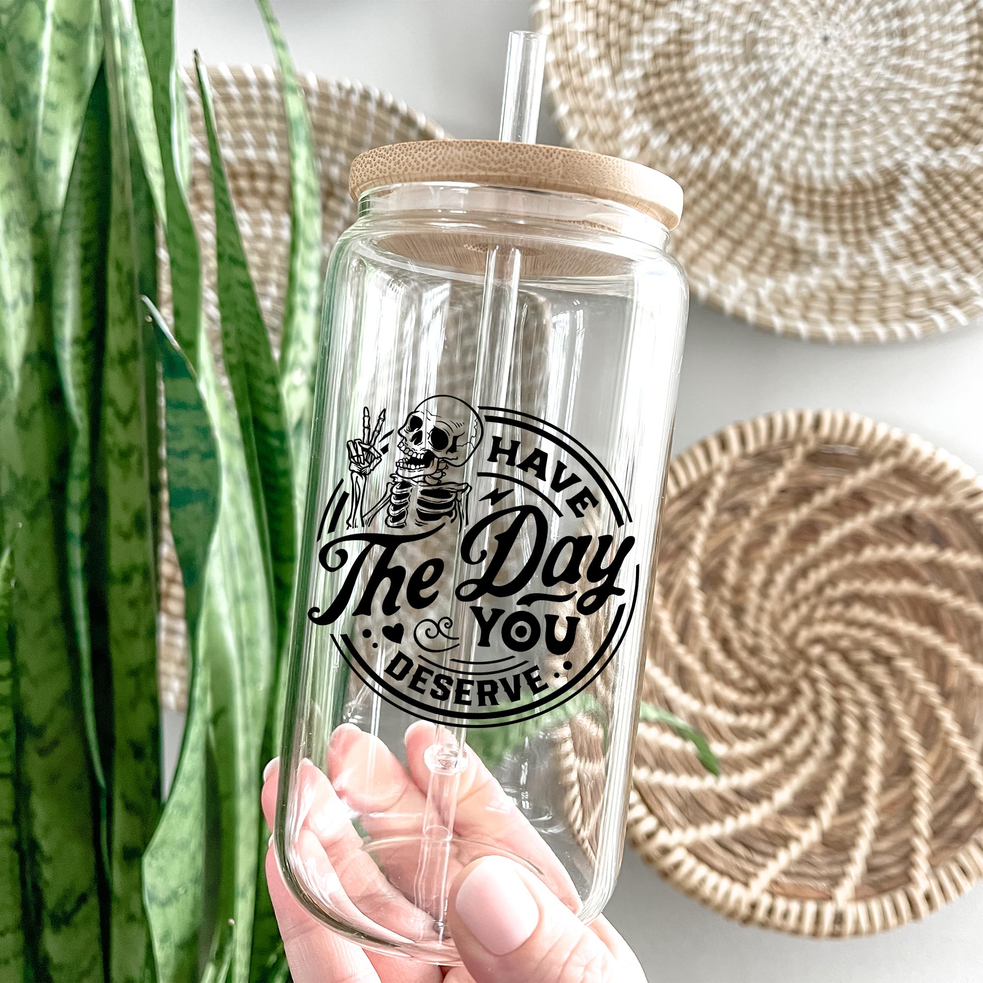 BIPEDS Funny Skeleton Glass Cups with Lids and Straws, Novelty Cute Skull Coffee Mug Tumbler Cup, Gothic Home Decor, Goth Kitchen Accessories, Emo Stuff, Spooky Witch Witchy Birthday Gifts for Women