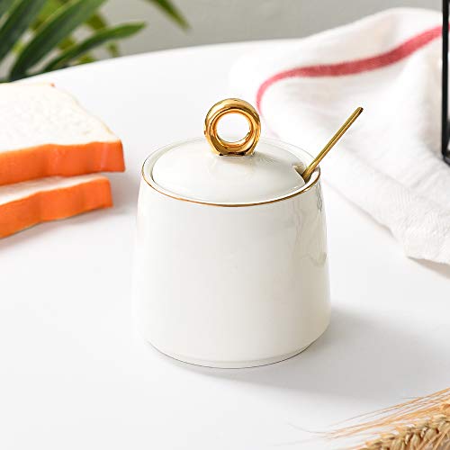 LIONWEI LIONWELI White Sugar Bowl Dispenser Salt Container Ceramic Sugar Bowl with Lid and Spoon for Home and Kitchen